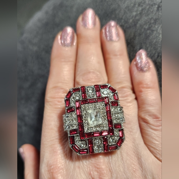 Jewelry | Huge Size 9 Cocktail Ring Faux Diamond And Ruby | Poshmark